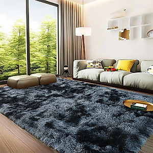 Isdook Anti-Skid Rectangular Fuzzy Rug Fluffy Rug for Living Room Non-Slip Shag Fuzzy Rug for Nursery Tie-Dyed Blue Grey Rectangle 2x3 Feet