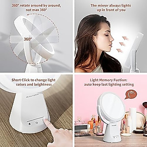 Lighted Makeup Vanity Mirror with 3 Colors, 6.5" Double Sided 1x/10x Magnifying Mirror with Lights, Adjustable Brightness&Standing Height, 360 Degree Rotation Touch Sensor,AC Adapter Powered
