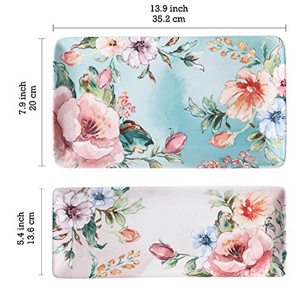 Bico Margret's Garden Ceramic 14 inch Rectangular Serving Platter, Set of 2, for Serving Salad, Pasta, Cheese, Ham, Appetizer, Microwave & Dishwasher Safe