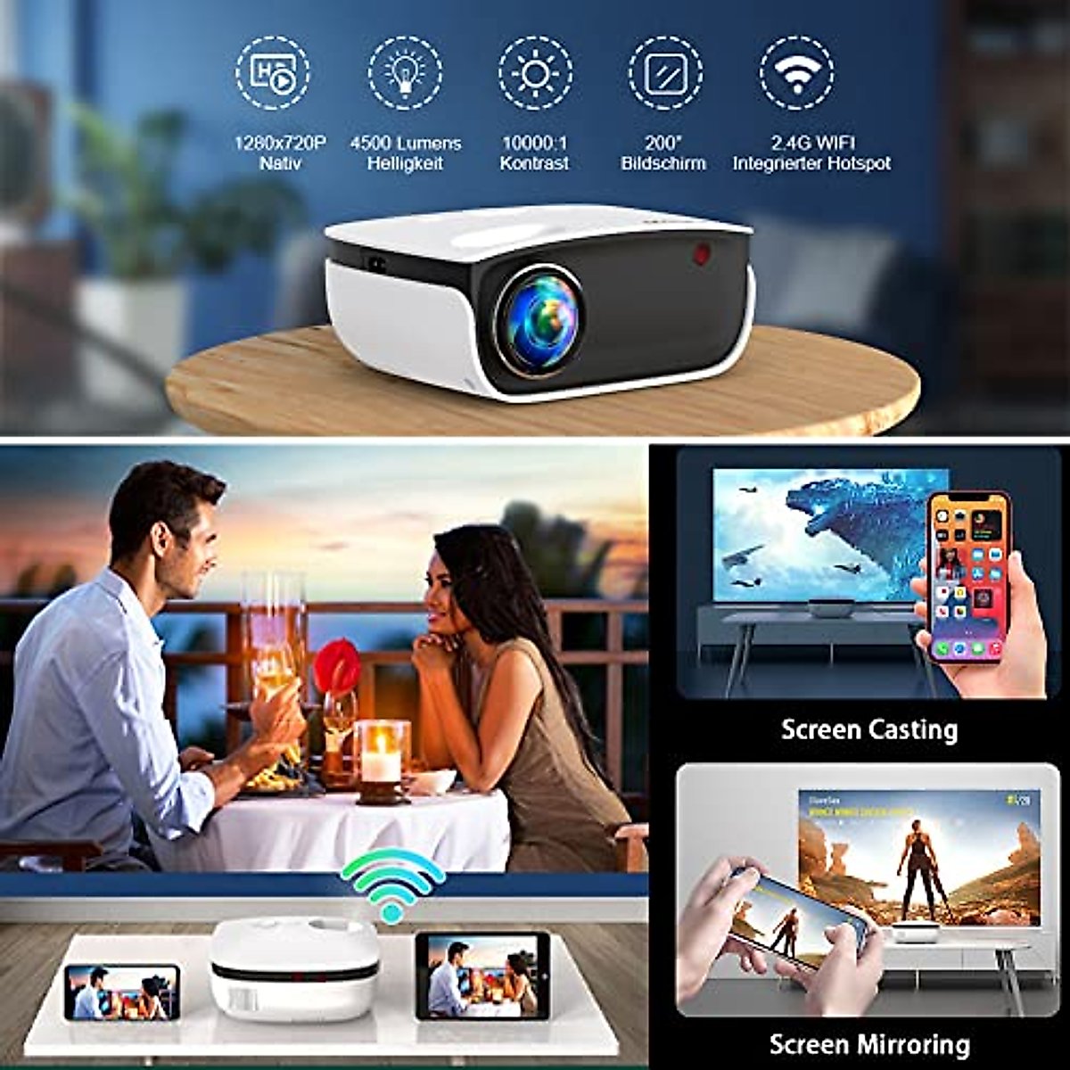 Mini WiFi Projector HD, 4000 Lumen Portable Home Theater Projector with 100" Screen & Carry Bag, Support 1080P & 200" Display, Compatible with iOS/Android/PC/TV Stick