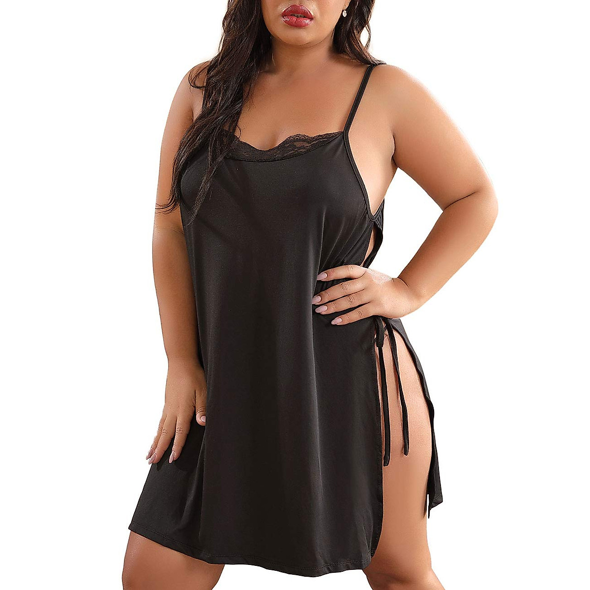 XAKALAKA Women Plus Size Lace Babydoll Lingerie Side Slit Strappy Chemise Sleepwear Black XL