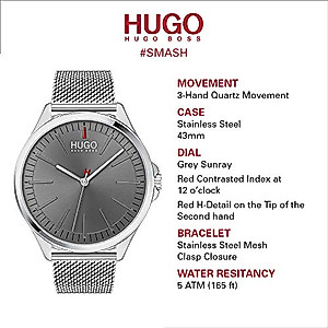 HUGO #Smash Men's Quartz Stainless Steel and Bracelet Watch, Color: Silver (Model: 1530135)