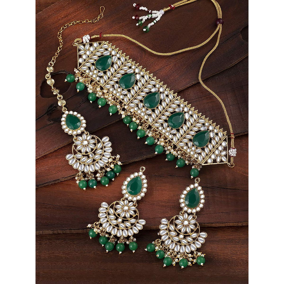 Aheli Bridal Kundan Faux Pearl Choker Necklace with Earrings Maang Tikka for Women Girls Indian Traditional Bollywood Fashion Jewelry Set Green