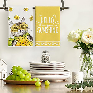 Artoid Mode Yellow Flowers Cat Hello Sunshine Kitchen Towels Dish Towels, 18x26 Inch Spring Summer Holiday Decoration Hand Towels Set of 2
