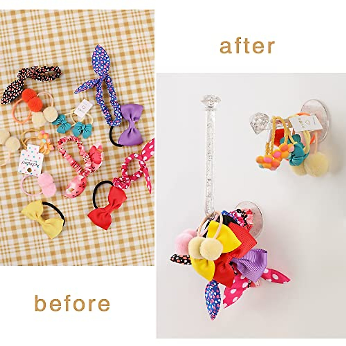 4 PCS Scrunchie Holder Adhesive Scrunchie Organizer Clear Hair Tie Organizer Stick Wall Hooks Hair Tie Holder Organizer Stand Tie Dye Scrunchy Holder Headband Storage