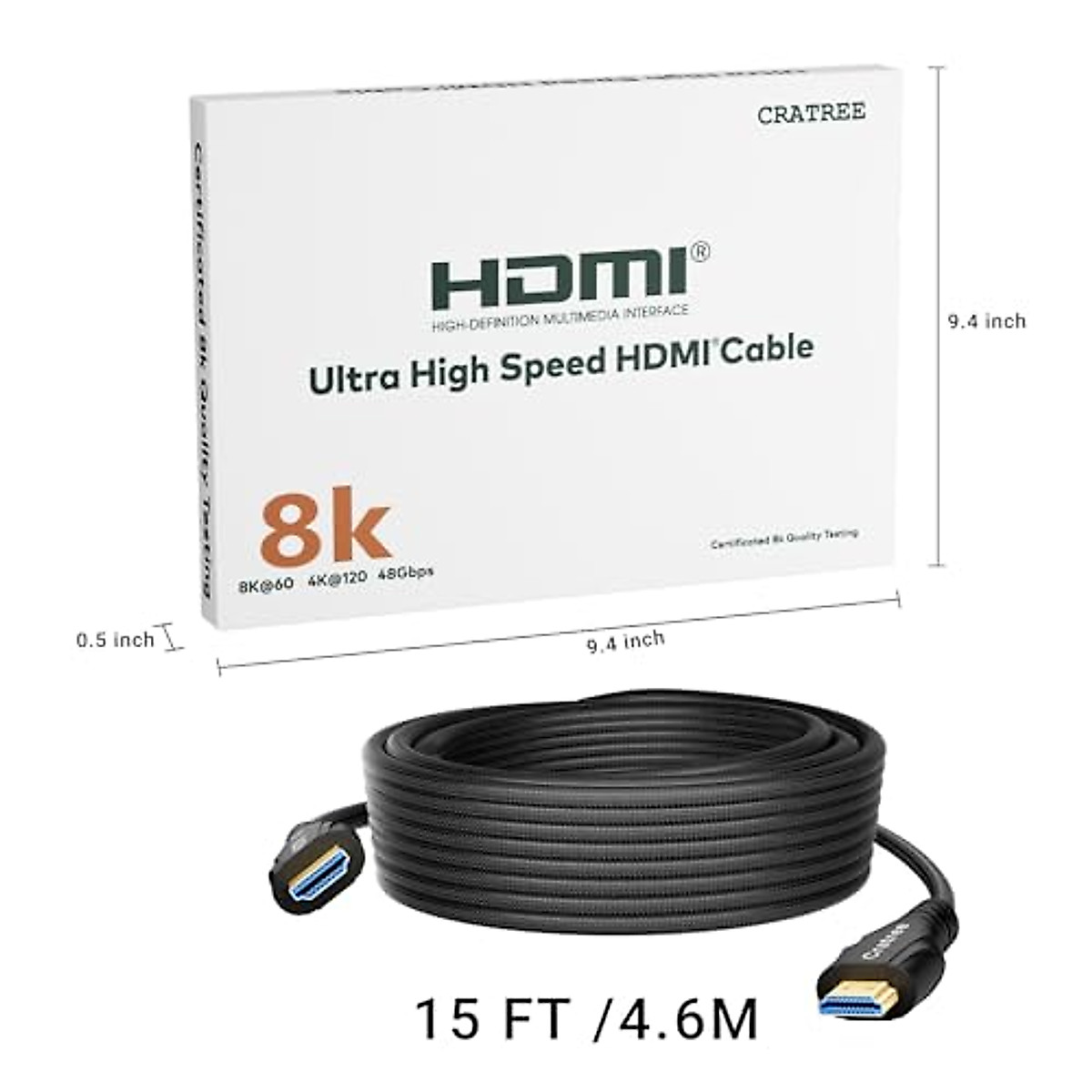 Cratree HDMI Cables 15FT Long - 8K Ultra High Speed HDMI Cable,48Gbps HDMI Braided Cord,8K 60hz,4K 120hz,eARC,HDCP 2.2&2.3 - Compatible for HDTV/PS5/Xbox