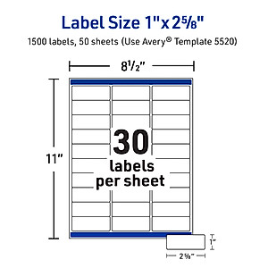 Avery Waterproof Address Labels with Sure Feed & TrueBlock 1" x 2-5/8", 1,500 White Laser Labels (5520)