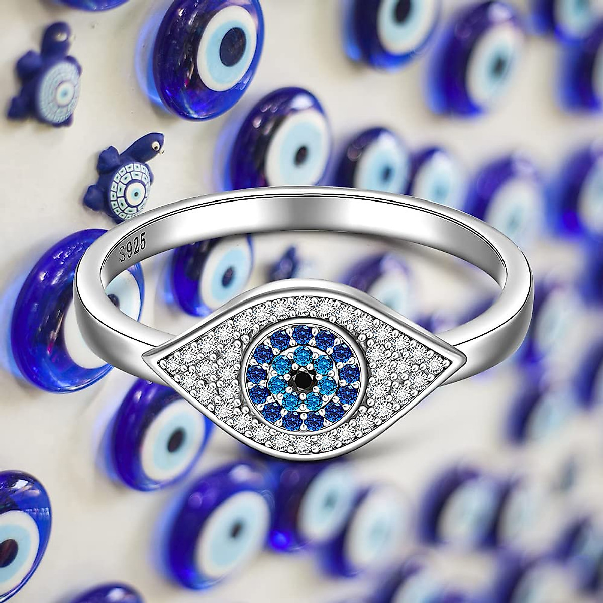 LOVGIFSET Evil Eye Ring Evil Eye Rings for Women Sterling Silver Greek Turkish Blue Eyes Blue Sapphire Protection Mal De Ojo Greek Nazar Amulet Jewelry Size 7