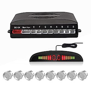 Car Reverse Parking Radar System with 8 Parking Sensors Distance Detection + LED Distance Display + Sound Warning (Silver Color)