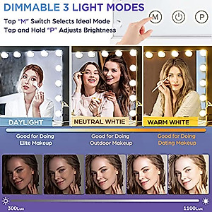 M MIVONDA Hollywood Vanity Mirror with Dimmable 15LED Bulbs Lights 3 Lighting Modes 2in1 Large Lighted Makeup Mirror for Desk and Wall with Plug-in and USB Charger Port and 10X Magnification