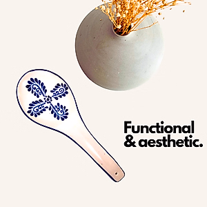 White Ceramic Spoon Rest - Hand Painted In Mexico - Handmade Talavera Kitchen Utensil Holder for Counter Stove Top - Dishwasher Safe - Mexican Style - Porta Cucharas Colonial White