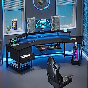 SEDETA 79" Gaming Desk, Computer Desk with 2 Fabric Drawers & LED Light, L Shaped Gaming Desk with Storage Shelf for Home Office, Carbon Fiber Black