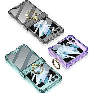 DALUZ Designed for Samsung Galaxy Z Flip 5 Case, Full-Body Bumper Case for Z Flip 5 with Built-in Tempered Glass Back Screen Protector, Slim Clear Galaxy Z Flip 5 Case with Ring Kickstand