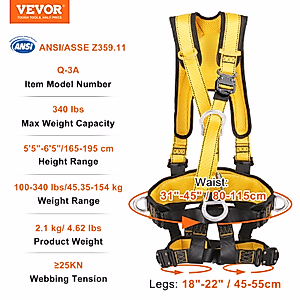 VEVOR Safety Harness, Universal Full Body Harness, Detachable Safety Harness Fall Protection with Added Padding on Shoulder, Back, Waist, Legs, and 5 D-Rings, ANSI/ASSE Z359.11, 340 lbs