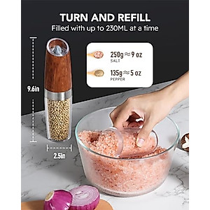 FORLIM Upgraded 9 Oz Capacity Gravity Electric Salt and Pepper Grinder Set, Battery Powered One Hand Operation Refillable Automatic Pepper Grinder Adjustable Coarseness(Wood grain)
