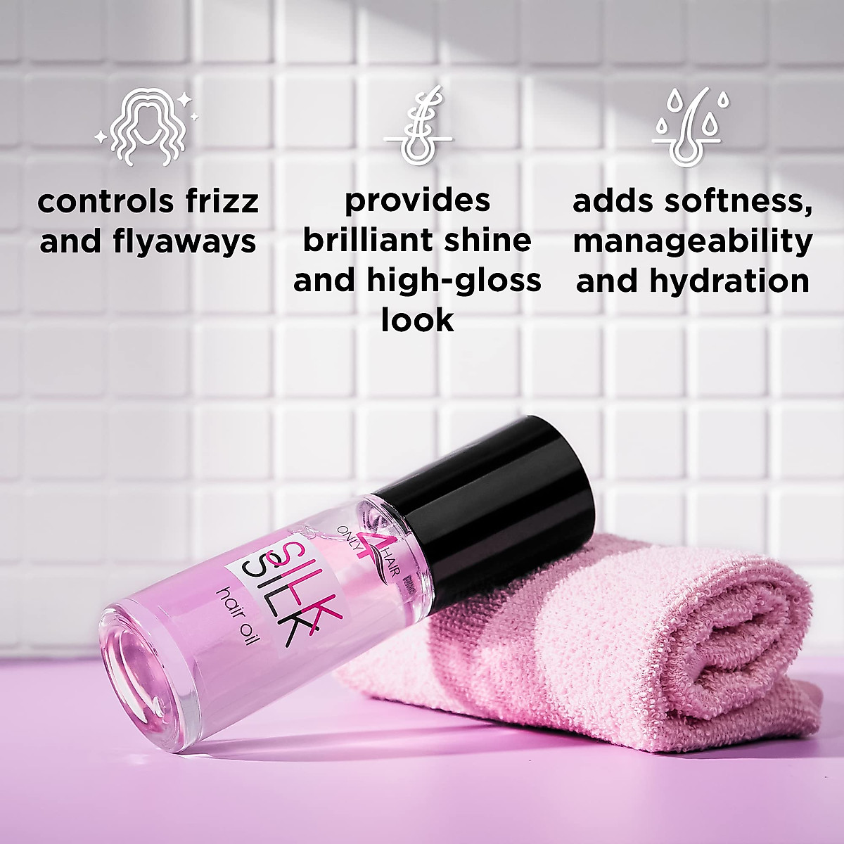 ONLY4HAIR Silk Hair Oil for Dry Damaged Hair Treatment - Anti Frizz Control Hair Care Serum - Jojoba & Argan & Almond Oils - Shine, Gloss, Split End Repair, Smoothing, Bonding, Heat Protectant For Curly Frizzy Colored Bleached and All Hair Types