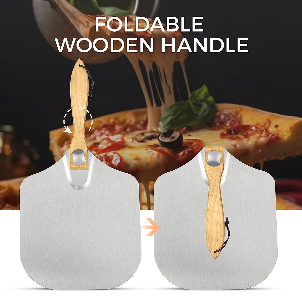 CasaCulina Pizza Peel Aluminum Pizza Spatula, 12 x 14 Inch Metal Pizza Paddle with Foldable Wooden Handle & Rocker Cutter, Pizza Peel Set for Family Pizza Oven Baking Pizza, Dough, Bread & Pastry