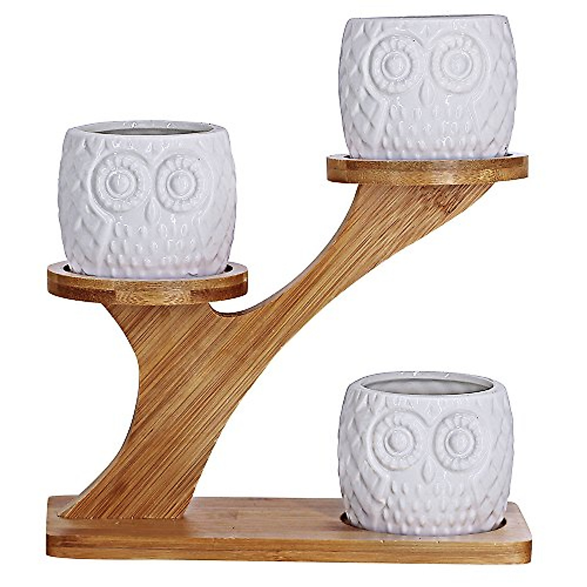 3pcs Owl Succulent Pots with 3 Tier Bamboo Saucers Stand Holder - White Modern Decorative Ceramic Flower Planter Plant Pot with Drainage - Home Office Desk Garden Mini Cactus Pot Indoor Decoration