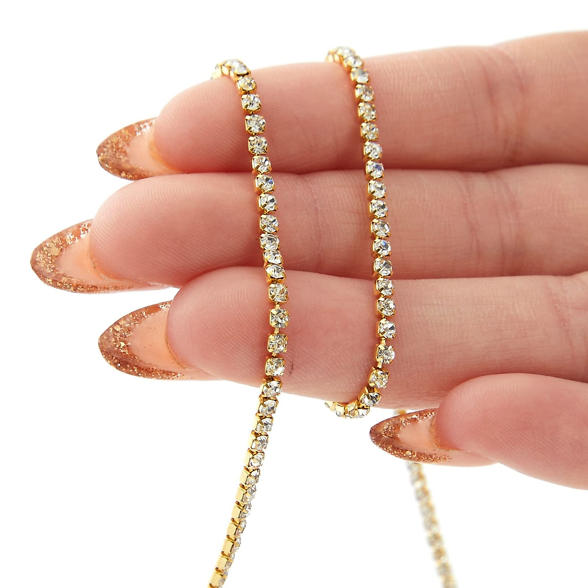 11 Yards Rhinestone Chain, Gold Trim Bling String for DIY Jewelry Making, Crafts, Shoe Charms (2mm Wide)