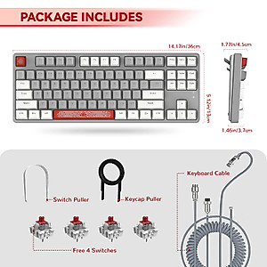 Magic-Refiner AK873 Gaming Keyboard,Rainbow Led Backlit,Hot-Swappable Linear Red Switch,PBT Keycap,75% TKL Layout,Ergonomic Mechanical Keyboard with Custom Coiled USB/Type-C Aviation Cable(White Grey)