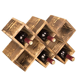 MyGift Vintage Gray Solid Wood Tabletop Wine Bottle Holder Rack with Geometric Cross Hatch Design, Vertical or Horizontal Display, Holds up to 8 Bottles