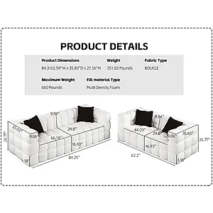 Olodumare 2 Pcs Sectional Sofa 2+3 Cloud Couch with Extra Deep Seats,5 Seater Sofa,Modern Boucle Couch with 4 Pillows Decor Furniture,Marshmallow Tufted Couch for Living Room.Loveseat+Sofa,Black