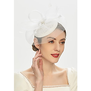 Cizoe Tea Party Fascinator Kentucky Derby Hat Fascinator Pillbox Hat Headband for Cocktail(A-white