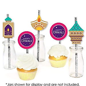 Big Dot of Happiness Happy Diwali - Paper Straw Decor - Festival of Lights Party Striped Decorative Straws - Set of 24