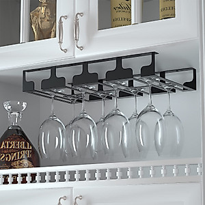 Jbikao Wine Glass Rack - Under Cabinet Stemware Wine Glass Holder Glasses Storage Hanger Metal Hanging Organizer for Bar Kitchen 4 Rows Black