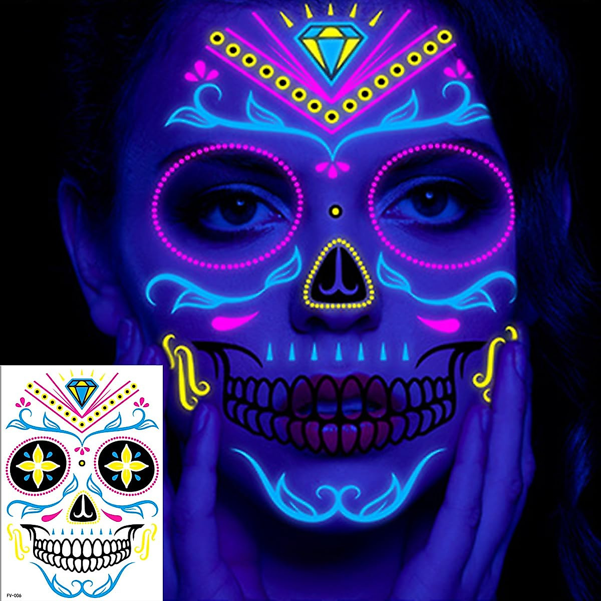 8 sheets Luminous Halloween Face Tattoos Glow in The Dark Day of the Dead Full Face Tattoos Waterproof Decorations Sugar Skull Stickers UV Glow Neon Mask Tattoo for Masquerade and Parties