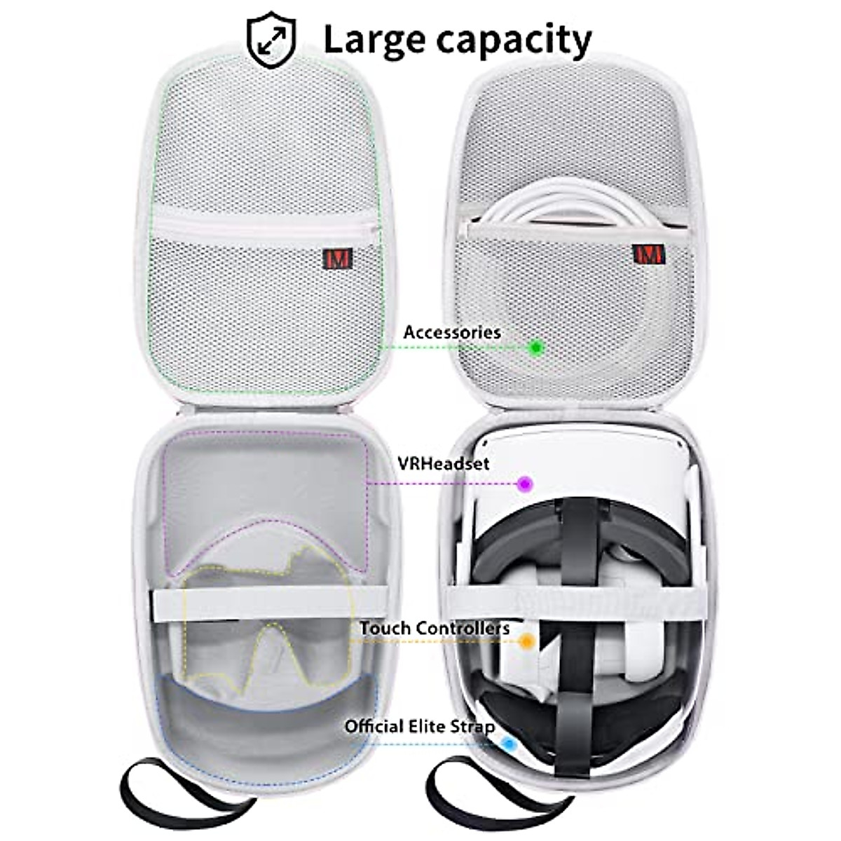 TOENNESEN Hard Carrying Case Compatible with Meta/Oculus Quest 2 VR Headset with Official Elite Battery Strap and Touch Controllers Accessories, Lightweight for Travel and Home Storage(Grey)