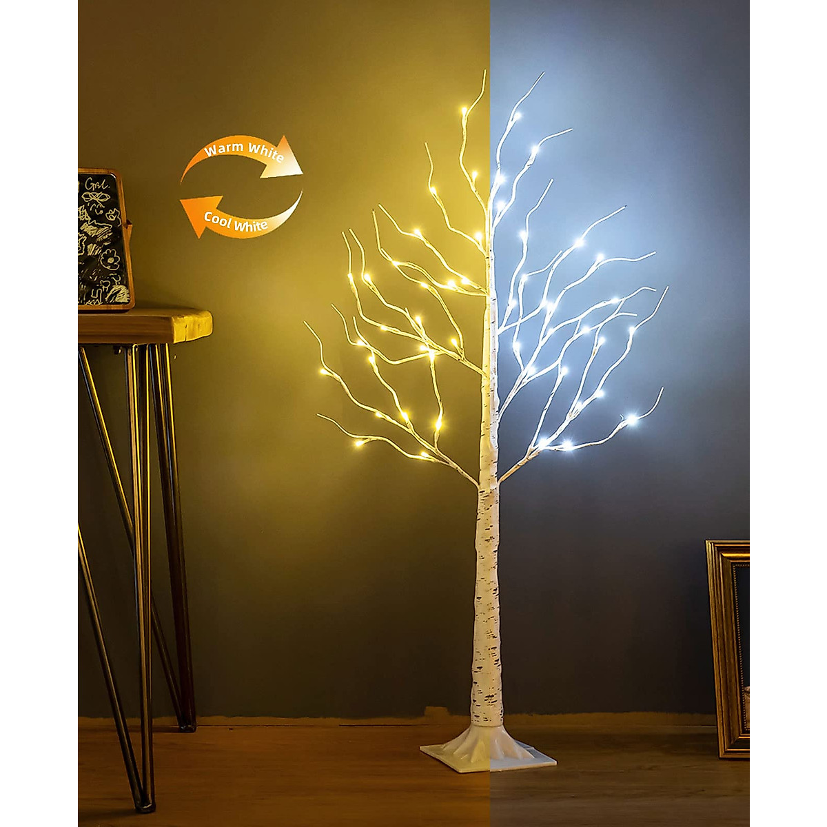 ZHOUDUIDUI Lighted Birch Tree, 4ft 48LED Birch Tree Lights, Mothers Day Decor Indoor Outdoor Artificial Twig Tree Light 9Modes Timer for 4th of July Christmas Home Party Wedding Decor,Warm& Cool White