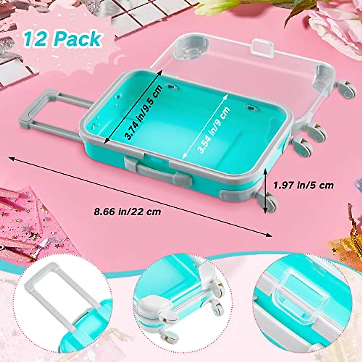 12 Pack Mini Suitcase Favor Box False Eyelashes Packaging Box Plastic Rolling Empty Lash Boxes Trolley Tiny Suitcase Miniature Candy Box for Travel Theme Parties and Celebrations, 9 Colors
