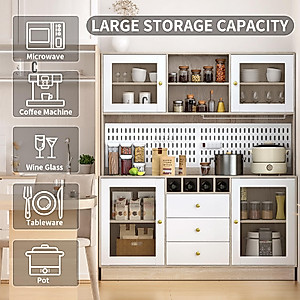 VOWNER Kitchen Hutch Cabinet, Pantry Cabinet, Freestanding Buffet Hutch with Pegboard, Cup Holder, Power Outlet, 4 Doors & 3 Drawers, Cupboard with Microwave Shelf & Wine Racks (Wood Color and White)