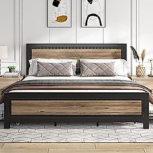 Keyluv Queen Size Bed Frame with 4 Storage Drawers, Rivet Modern Headboard and Footboard Platform Bed with Solid Wood Slats Support, No Box Spring Needed, Metal Frame Mattress Foundation Noise-Free