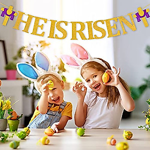 MALLMALL6 HE IS RISEN Banner Easter Party Decorations Religious Holiday Supplies Pre-Strung Glittery Sign Cross Patterns Ready to Hang Wall Art Jesus Faith Photo Props for Outdoor Church Fireplace