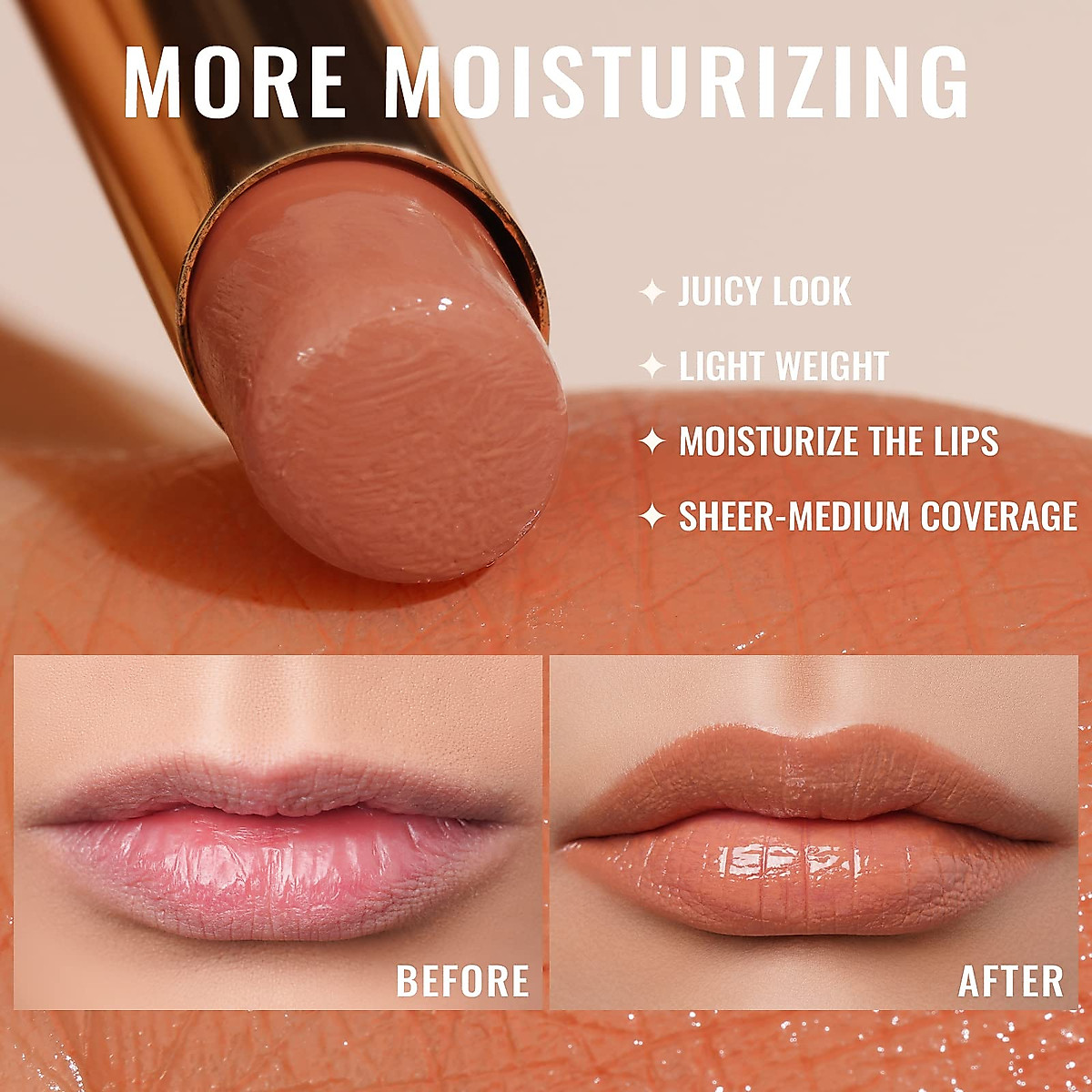 Oulac Orange Nude Shine Lipstick - Peach Moisturizing Lip Stick Glossy Tinted Lip Balm, Sheer Shine Juicy Finish, Lightweight and Hydrating Formula for Dry Lip Care, Vegan 2.2g/0.07oz (05)