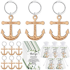 Menkxi 50 Sets Wedding Favors for Guests Bulk 50 Wooden Anchor Keychains 50 Wedding Thank You Cards 50 Organza Bags Anchored in Love Nautical Wedding Party Favors Bridal Shower Return Gifts