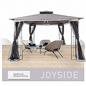Joyside Patio Gazebo with Netting 12 ft. x 10 ft. Double Tier Roof gazebos for patios (Grey)