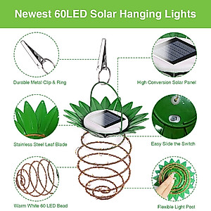 JSOT 2 Pack Solar Lanterns Outdoor Waterproof, 60LEDs Hanging Pineapple Decorative Lights for Backyard, Porch, Patio, Table, Yard, Balcony, Plants, Teepee, Lawn, Pathway, Warm Light.