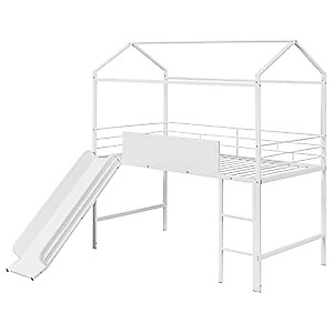 FIQHOME Metal House Bed with Slide, Steel House Bedframe with Roof and Guardrails,Twin Size Metal Loft Bed with Two-Sided Writable Wooden Board for Kids, Teens, Girls, Boys (White)