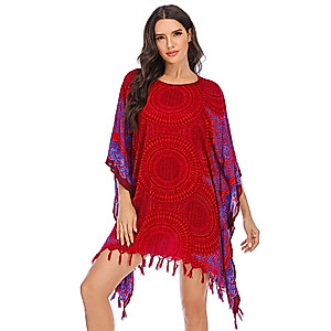 Padaleks Women's Boho Floral Silky Vintage Loose Dress Top Casual Crew Neck Baggy Kaftan Dresses Beach Cover up