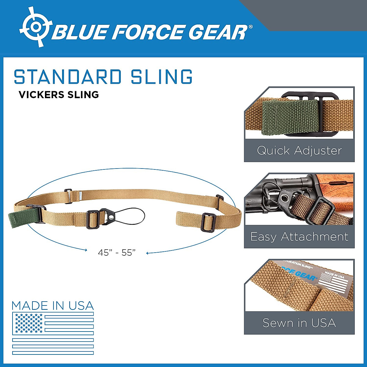 Blue Force Gear Standard Sling | 2 Point Sling Adjusts for Carrying Positions | 45-55 inches (OD Green)
