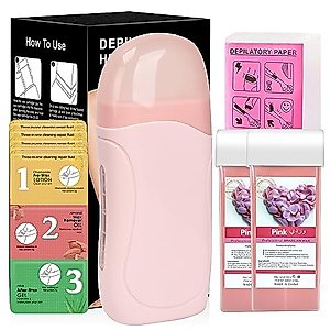 Waxing Kit, Roll on Wax Warmer Kit for Women & Men Sensitive Skin, Include 2 Rose Wax Cartridge, 100 Wax Strips, 10 Wipes