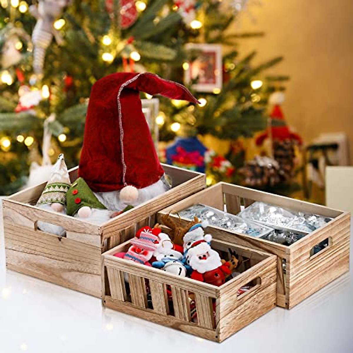 Nicunom Set of 3 Wood Nesting Crates with Handle, Rustic Wooden Decorative Crates, Wood Storage Crates, Wood Storage Boxes Containers for Display and Organization