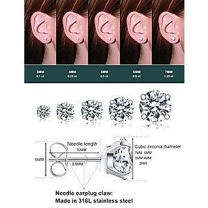 5 Pairs Stud Earrings Set, Hypoallergenic Cubic Zirconia 316L Earrings Stainless Steel CZ Earrings 3-8mm (Steel color)