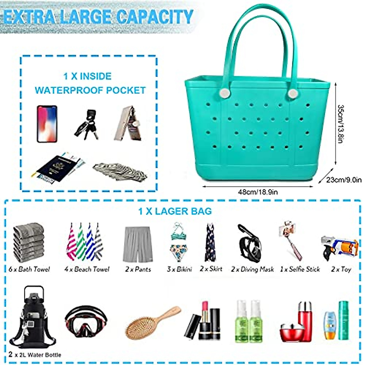 Chokoter Beach Bag, Waterproof Beach Tote, Rubber XL Tote Bag for Boat Pool Sports Gym, Washable and Durable Open Handbag for Boat Pool Sports Gym (Green)