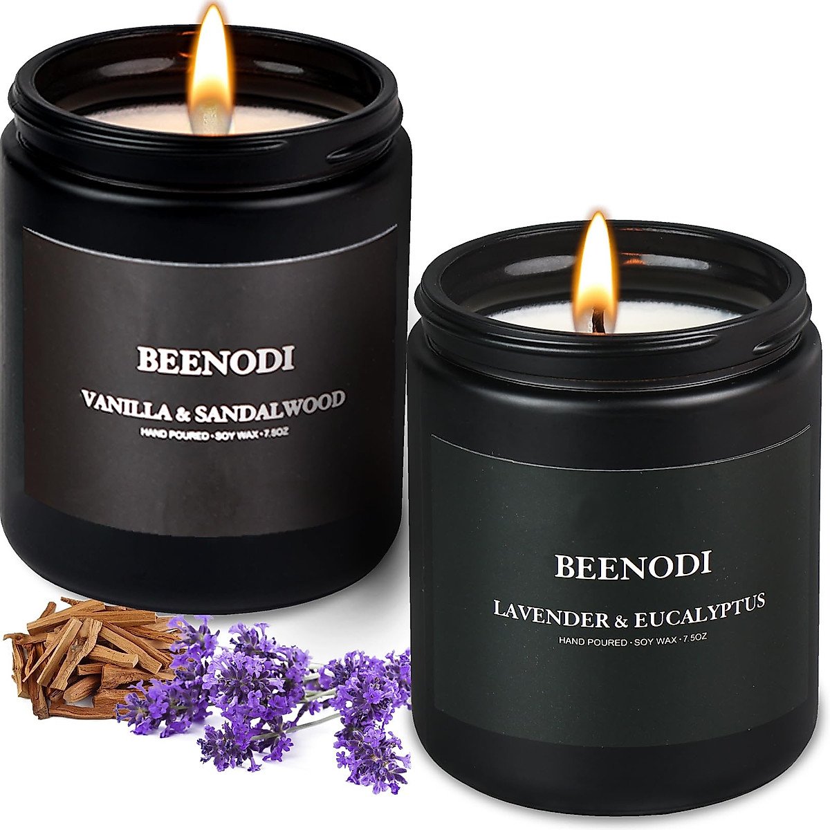 Scented Candles | BEENODI Candles for Home Scented | 7.5 OZ X 2 Pack Large Candles for Men Lavender & Eucalyptus Candle Stress Relief Gift Scents of Lavender & Eucalyptus | Vanilla & Sandalwood
