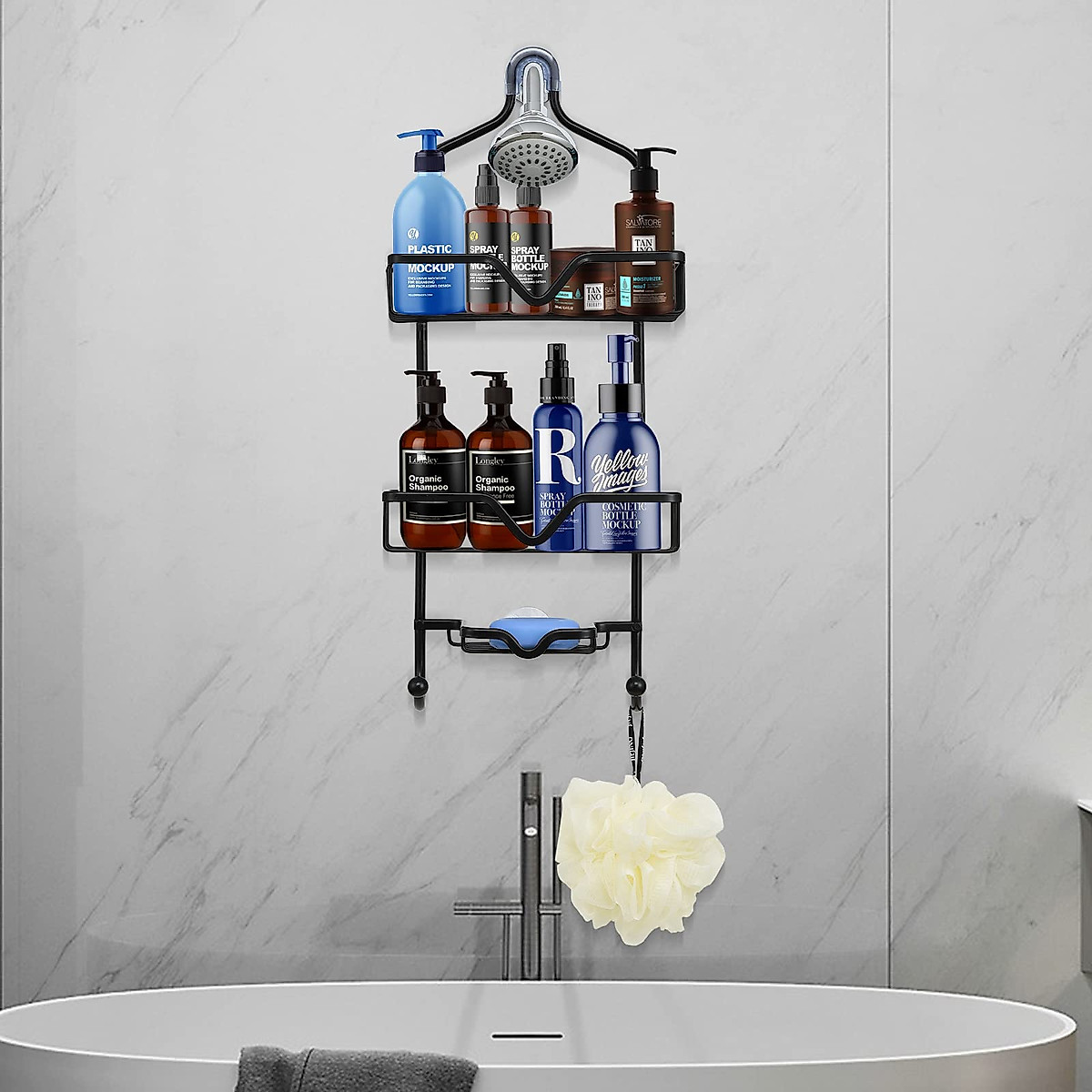 Vuskly Shower Caddy Over Shower Head, Aluminum Hanging Shower Organizer with 3 Shelf and 2 Hooks,Strong Suction Cups, Wide Space Shower Caddy for Shampoo and Soap, Black, 11x4.9X 24.8 inches