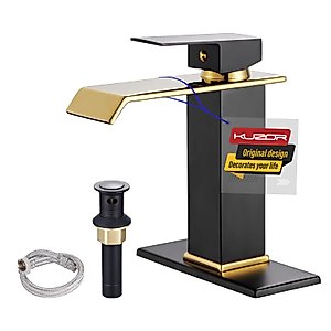 KUZOR Waterfall Bathroom Faucets 1 Hole Single Handle, Matte Black & Shiny Gold Bathroom Sink Faucet with Metal Pop Up Drain, Modern Square Faucet for Bathroom Sink Single Hole